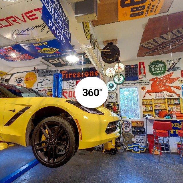 Tim's garage with his collection of authentic signs and t...